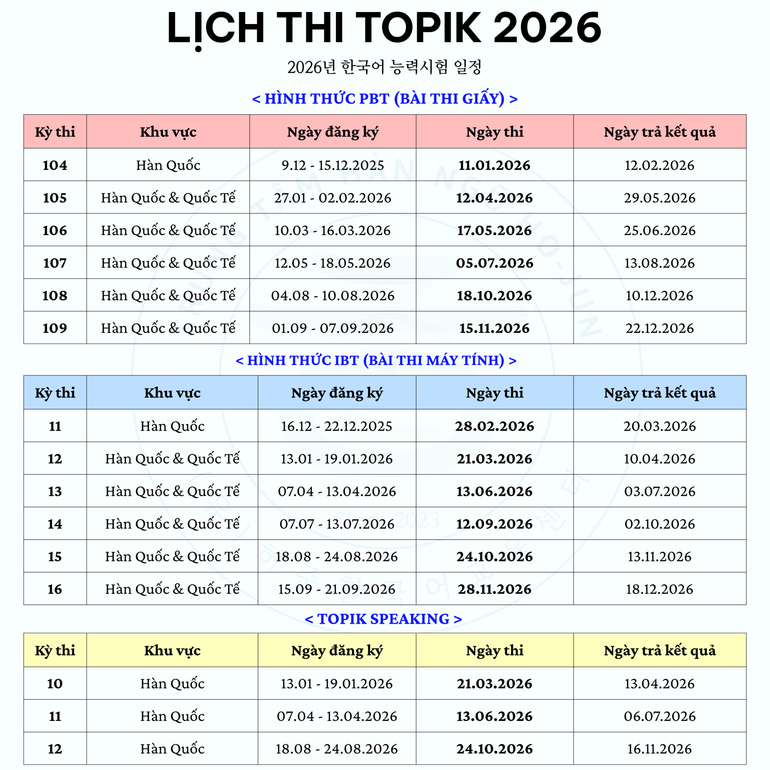 LỊCH THI TOPIK NĂM 2026 - Hojunkorea